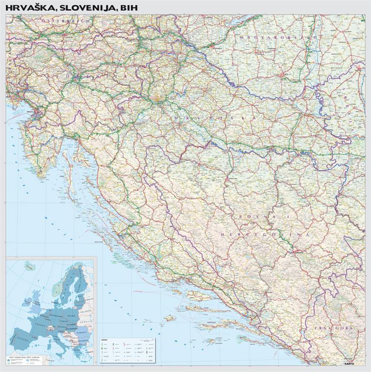 SLOVENIJA, HRVAŠKA, BIH, stenska avtokarta 104x105 cm, gloss papir - kartografija.si