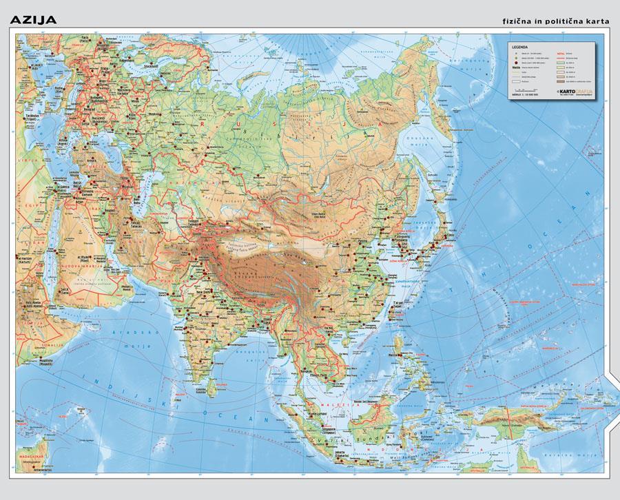 AZIJA, stenska karta - šolski zemljevid 1:10M, 158x128 cm - kartografija.si